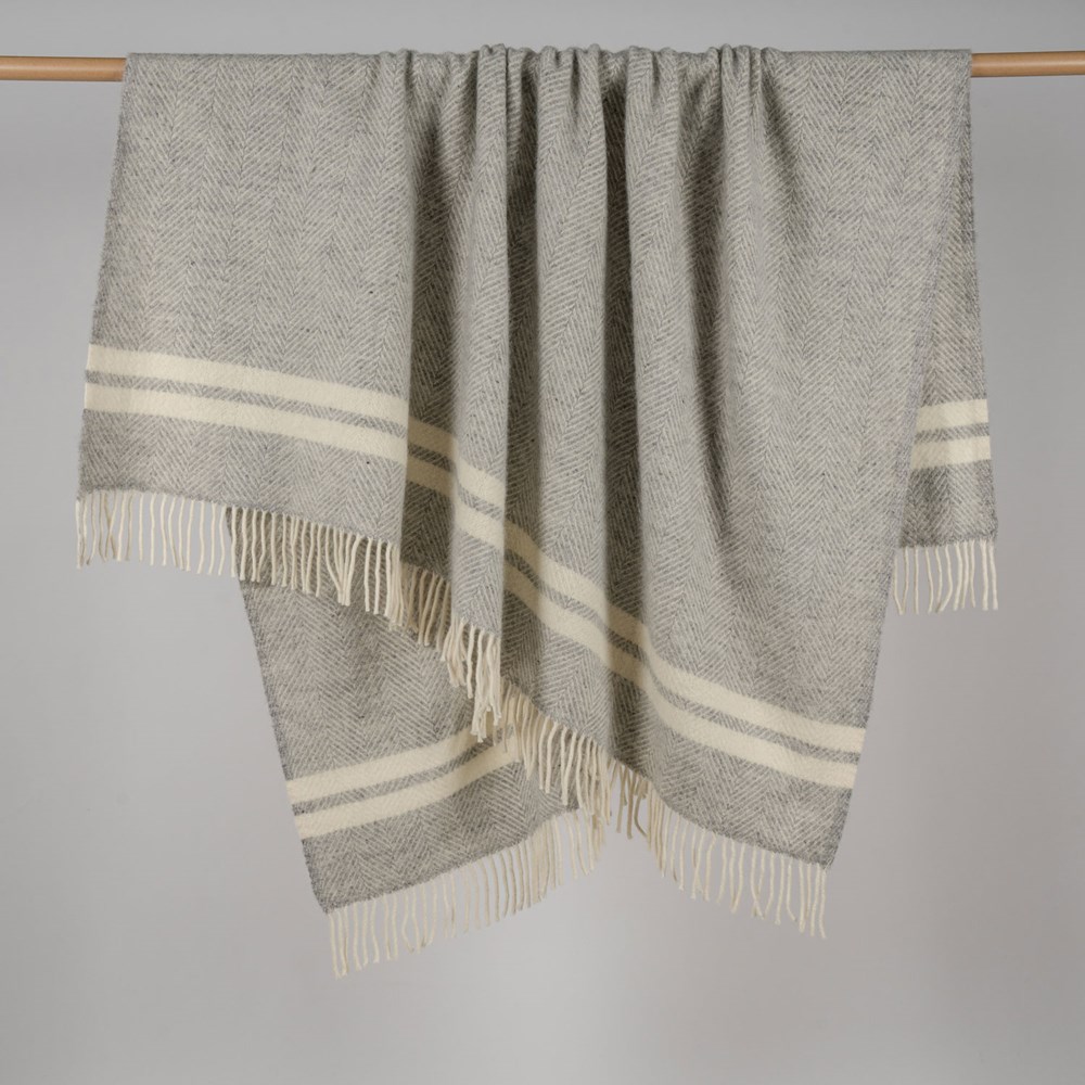 Fishbone NZ Wool Throw - Grey with Cream Stripe | George Street Linen