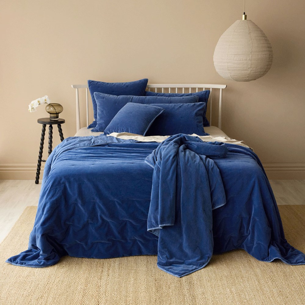 Venus Cotton Velvet Quilted Coverlet - Denim | George Street Linen