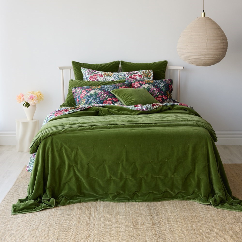 Venus Cotton Velvet Quilted Coverlet - Foliage | George Street Linen